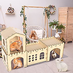 Woiworco Extra Large Rabbit Hideout, Wooden Rabbit Castle Bunny Spacious Breathable Hideouts for Indoor Bunnies, Hamsters and Guinea Pigs Hut to Hide