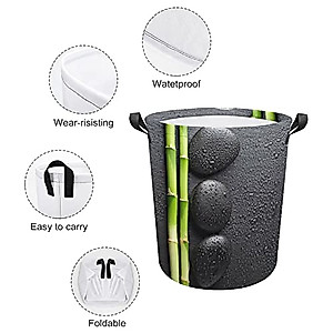 Oyihfvs Black Zen Basalt Stones with Dew Green Bamboo on Dark Collapsible Waterproof Laundry Hamper with Handles, Tall Washing Storage Large Organizer Round Basket Bin for Toys Clothes