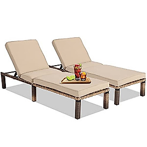Haverchair Patio Rattan Chaise Lounge Chairs Adjustable Outdoor Lounge Chair Recliner PE Wicker Furniture with Cushion for Deck, Poolside, Backyard (2)