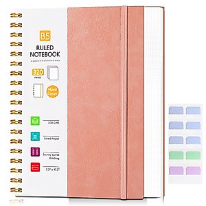 Hardcover Spiral Notebook, College Ruled Notebook Journal with 320 Pages, 7.6" X 10" Lined Journaling for Women Men, B5 Leather Writing Journals for Work, School, Office, 18pcs Index Tabs, Pink