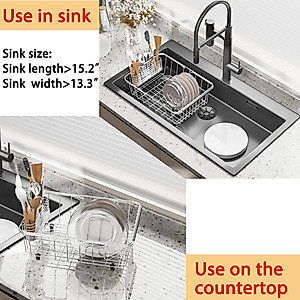 NiuYichee Expandable Dish Drying Rack, Drainage Rack Over Sink, Stainless Steel Dish Drainer Rack Organizer in Sink, Dish Drainer Basket Shelf on Counter, with Stainless Steel Utensil Holder