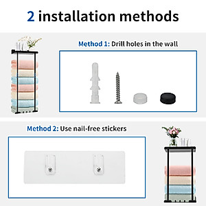 Filta Towel Rack with Shelf for Bathroom Wall Mounted,Retractable Height Metal Bath Towel Rack with Reliable Hooks Storage for Rolled Towel（Black）