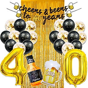 40th Birthday Decorations for Men, 40 Birthday Decorations with 40 Inch Gold 40 Number Balloons, Cheers to 40 Years Banner,Fringe Curtains and Cups Foil Balloons