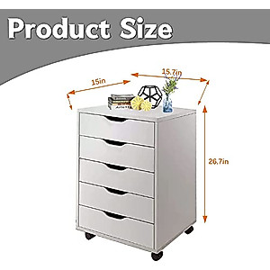 YQ FUNLIS 5-Drawer Chest Wood Storage Dresser Cabinet with Wheels Mobile Side Cabinet Chest for Home Office Storage Use,White