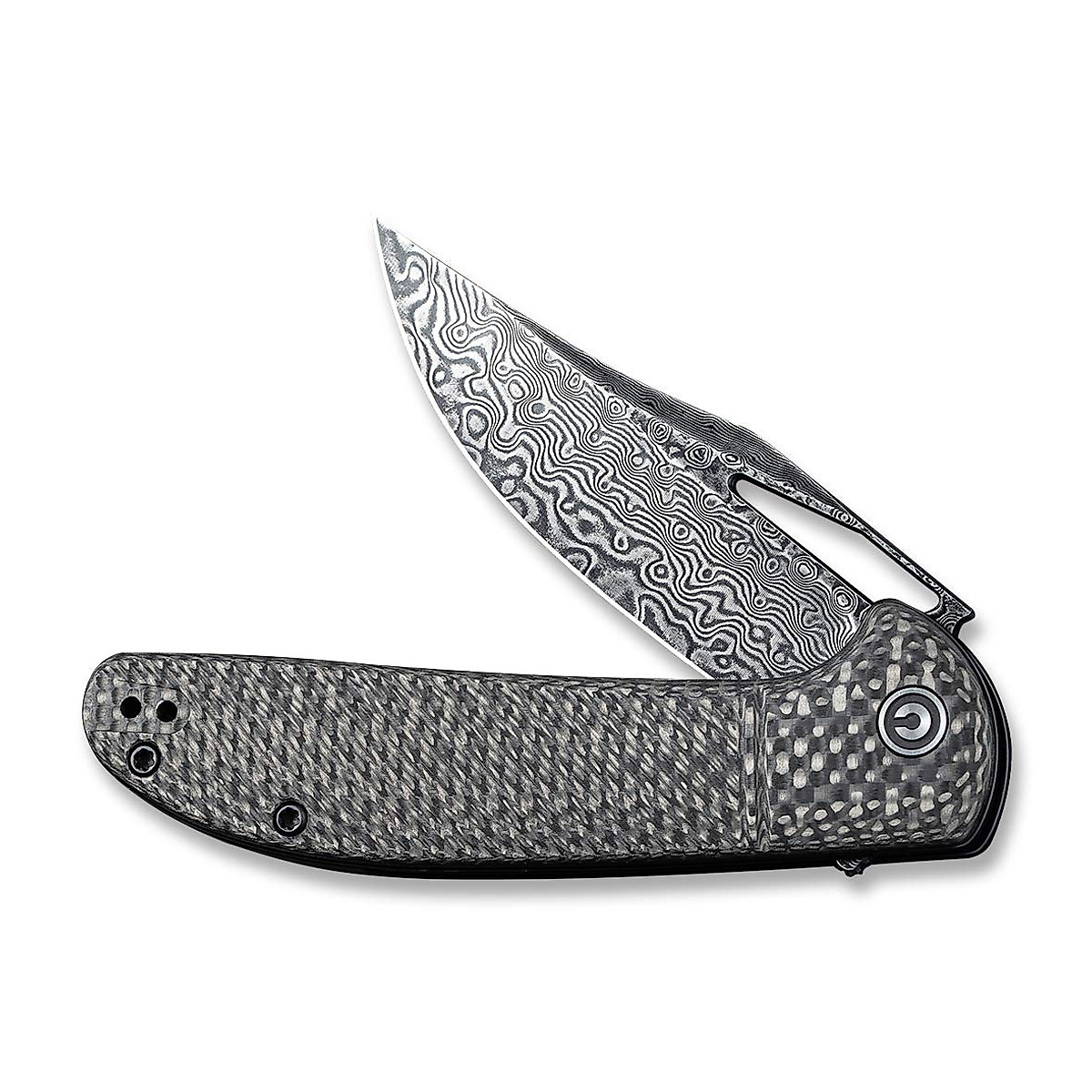 CIVIVI Ortis Flipper Pocket Knife Twill Carbon Fiber Handle (3.25" Black Hand Rubbed Damascus) C2013DS-1