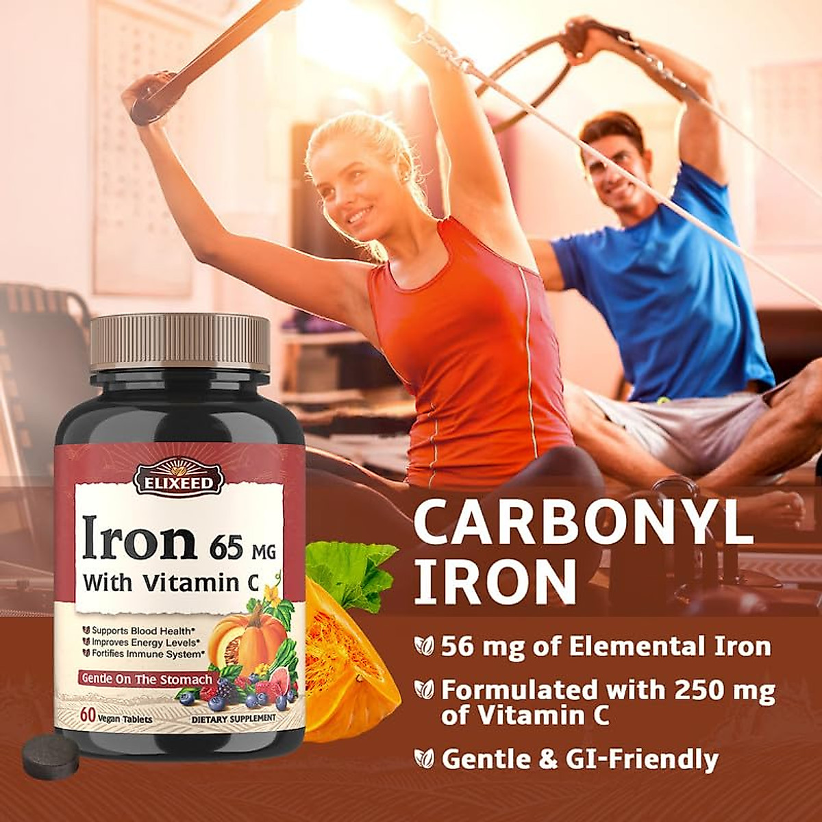 Elixeed Iron Tablets for Women & Men, 65 mg of Elemental Iron with VC, Gentle & Well-Absorbed, Blood Health, Energy Support, Vegan-Friendly, 60 Tablets, Non-GMO, No Gluten