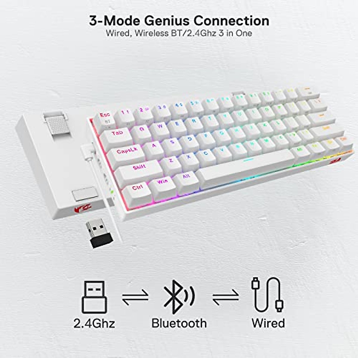 Redragon K530 Pro Draconic 60% Wireless RGB Mechanical Keyboard, BT/2.4Ghz/Wired 3-Mode 61 Keys Compact Gaming Keyboard w/Hot-Swap Socket, Free-Mod Plate Mounted PCB & Clicky Blue Switch