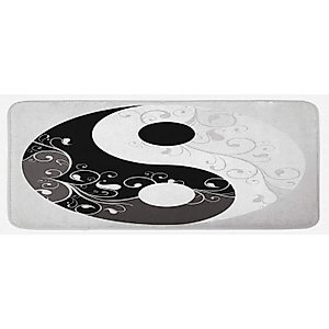 Lunarable Ying Yang Kitchen Mat, Floral Design Swirling Branches Leaves Pattern Flow of Energy Cultural Graphic, Plush Decorative Kitchen Mat with Non Slip Backing, 47" X 19", Black White