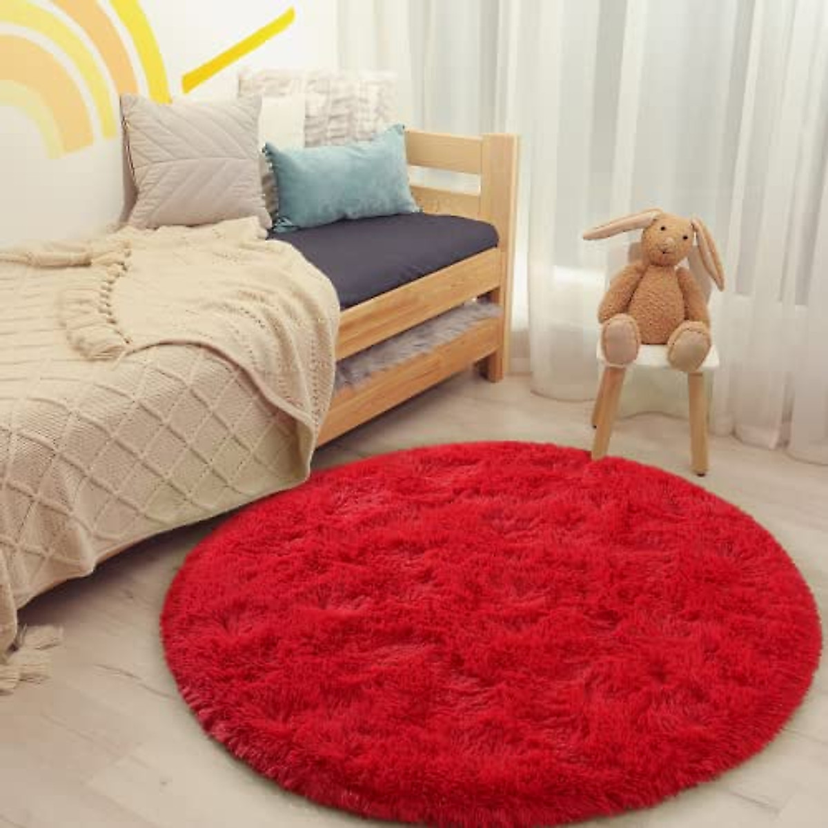 Chicrug Fluffy Cute Red Round Area Rugs for Girls Bedroom, 4x4 Feet Shaggy Circle Area Rug for Living Room, Soft Fuzzy Carpets for Princess Room, Cute Rug Kids Circular Playmats for Baby Nursery Home