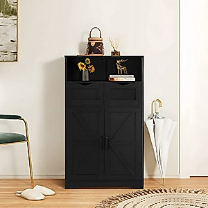 WEENFON Bathroom Cabinet, Floor Cabinet with 2 Doors & 2 Drawers, Bathroom Storage Cabinet with Adjustable Shelf, Freestanding Wooden Storage Organizer for Bedroom, Living Room, Hallway, Black