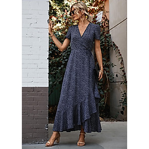 PRETTYGARDEN Women's Summer Wrap Maxi Dress Casual Boho Floral V Neck Short Sleeve Ruffle Hem Split Beach Long Dresses (Blue,Large)