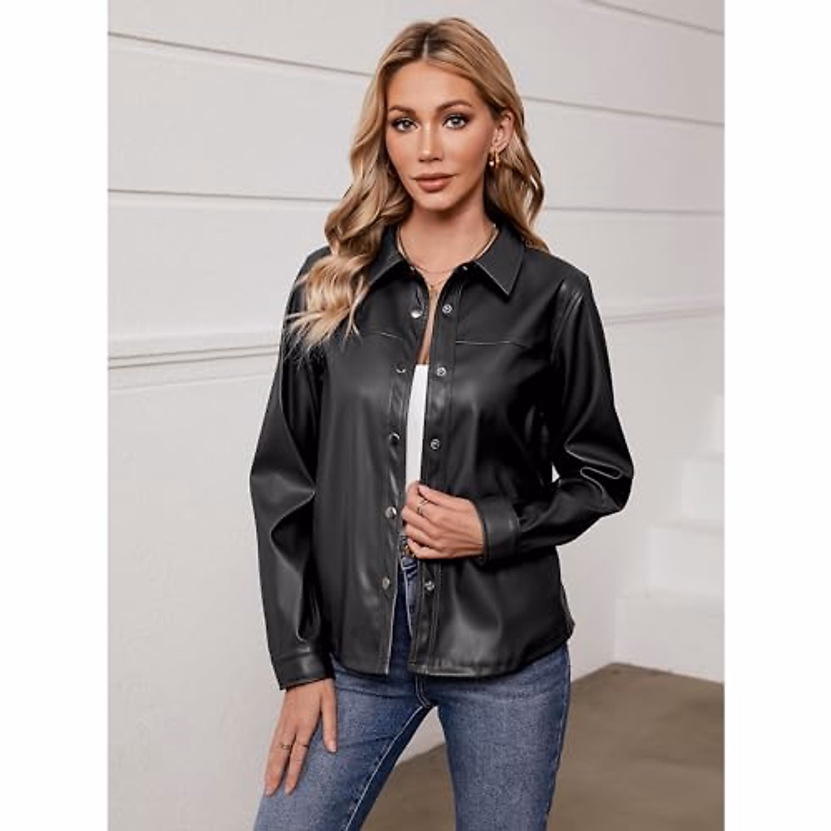 luvamia Faux Leather Jackets for Women Long Sleeves Vegan Leather Shackets Jacket Side Pockets Trendy Moto Biker Coat Womens Shacket Fall Outfits for Women 2023 Black Blazer for Women Size 16 Size 18
