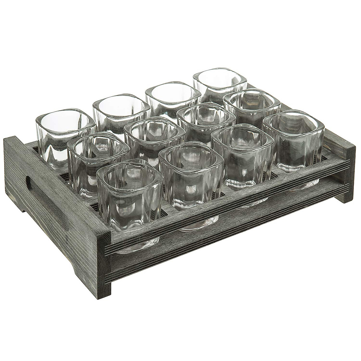 MyGift 12 Shot Glass Set Party Server with Vintage Gray Wood Tray, Shot Glasses for Tequila Whiskey Vodka Spirit Liquor