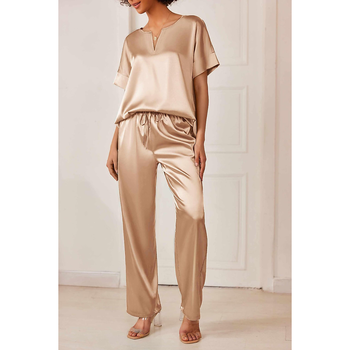 Ekouaer Satin Pajama Set Womens Silk Short Sleeve V Neck Shirt with Long Pant Soft Loungewear Pjs Set Khaki
