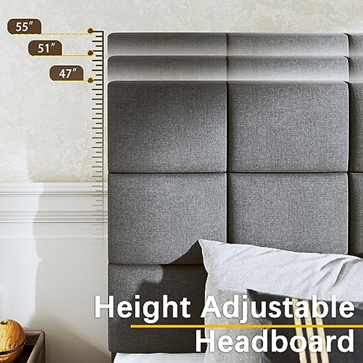 Fluest Queen Bed Frame Upholstered Bed Frame Platform with Adjustable Headboard Linen Fabric Tufted Headboard Wooden Slats Support, No Box Spring Needed, Easy Assembly, Mattress Foundation, Dark Grey