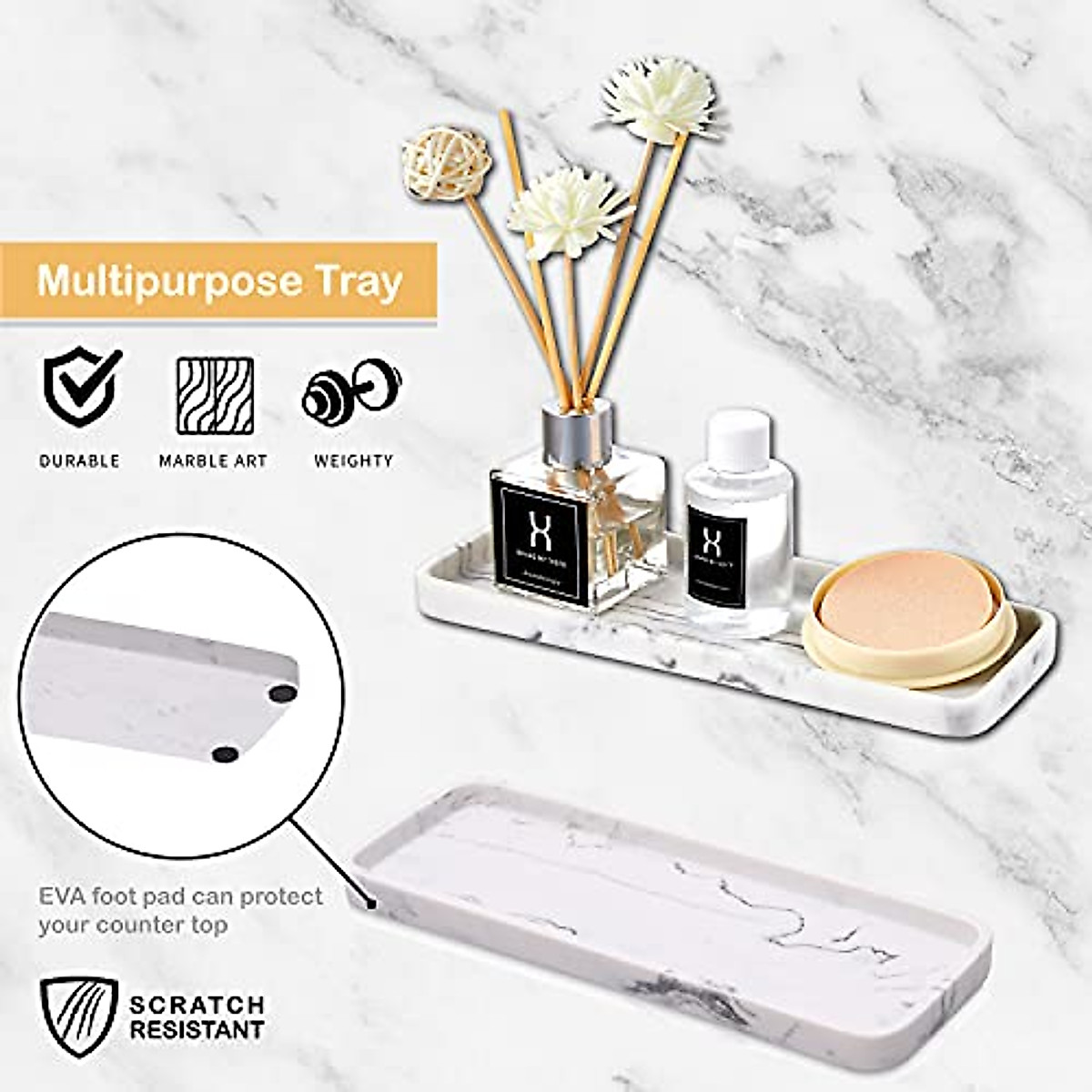 ZCCZ Bathroom Accessory Sets, 4 Pieces Bathroom Accessories Complete Set Vanity Countertop Accessory Set with Marble Look, Includes Lotion Dispenser Soap Pump, Tumbler, Toothbrush Holder and Tray