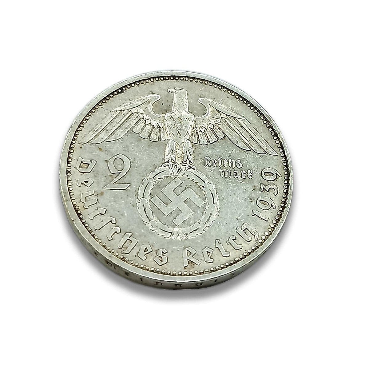 Authentic WW2 Memorabilia World Currency - One Nazi Coin of 2 German Marks Issued from 1936 to 1939 from The World War 2 - Third Reich