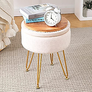 Cpintltr Footrest Footstools Round Velvet Ottoman with Storage Space Soft Vanity Chair with Memory Foam Seat Small Side Table Hallway Step Stool 4 Gold Metal Legs with Adjustable Footings Champagne