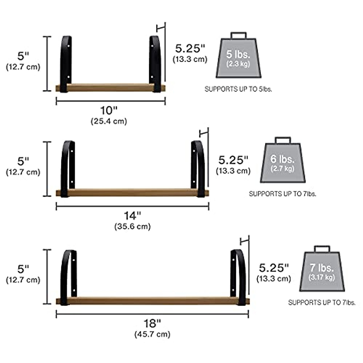 MELANNCO Floating Wall, Wood and Curve Metal Shelves, for Bedroom, Living Room, Kitchen, Nursery, Set of 3, Natural