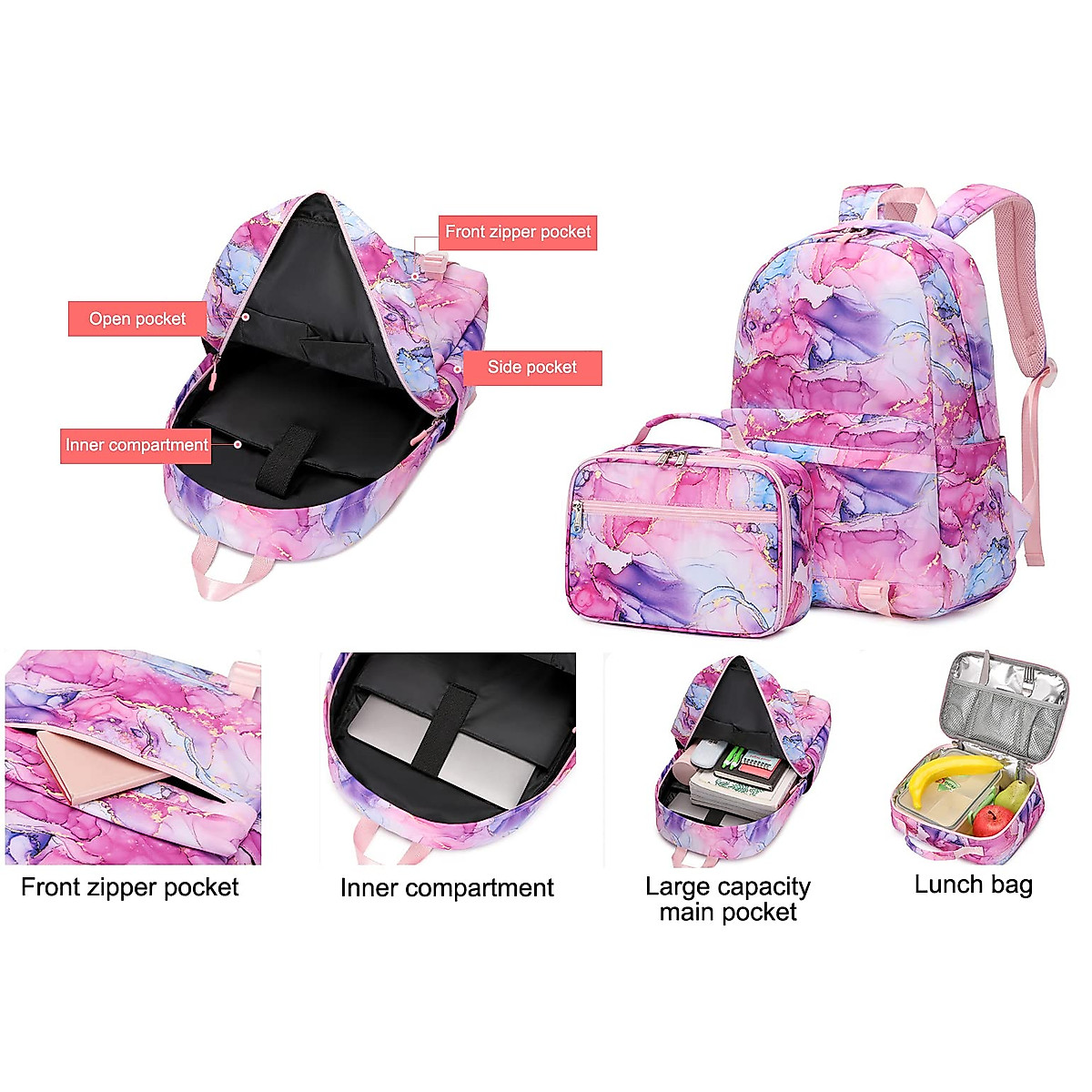 JiaYou Junior high school Backpack Sets 2Pcs Daypack with Lunch case Girls Middle school Bag(Purple,20 Liters)