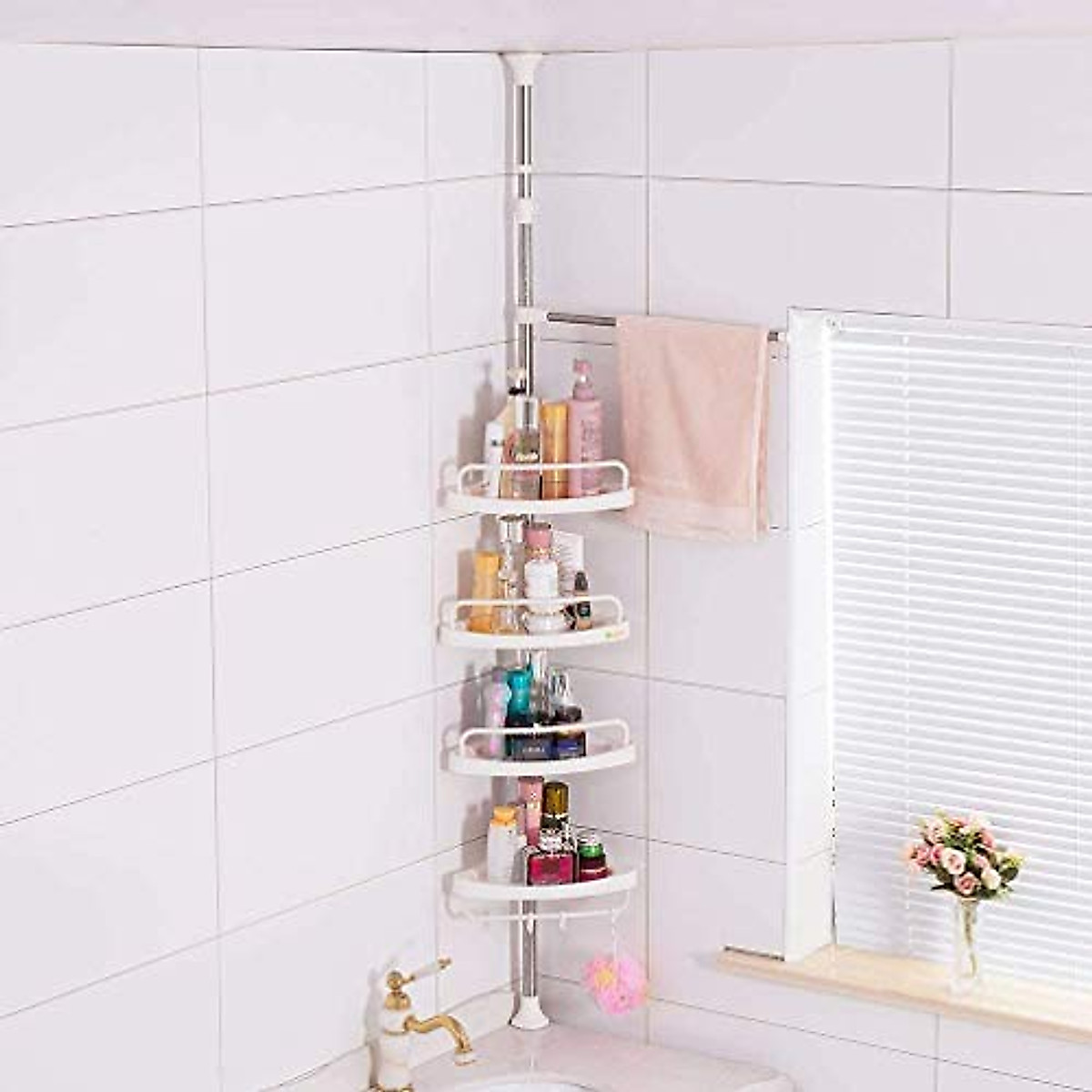 Hershii 4 Tiers Corner Shower Caddy Tension Pole Bathtub Shelf Organizer Adjustable Bathroom Storage Rack Space Saving with Towel Bar - Ivory