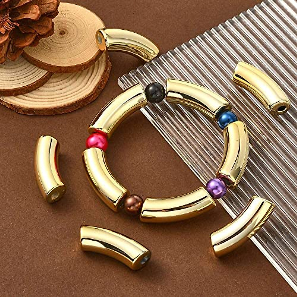 LiQunSweet 50 Pcs Golden Acrylic Noodles Beads Long Curved Tube Bead Spacers for DIY Bracelet Anklet Necklace Jewelry Making - 34mm