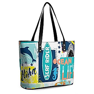 Womens Handbag Surfer Shark Dolphin Leather Tote Bag Top Handle Satchel Bags For Lady