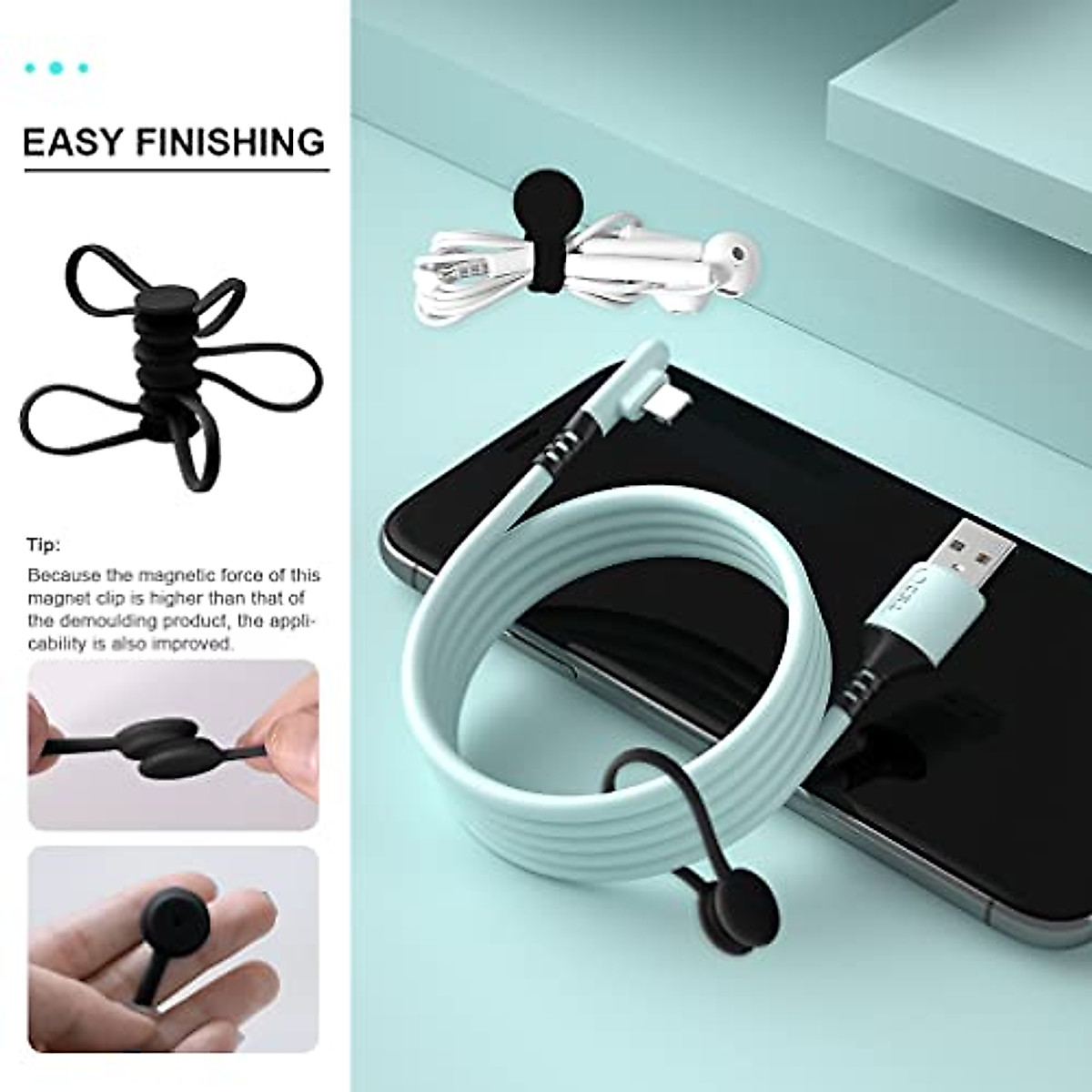 Kamemc Black Magnetic Cable Ties 10-Pack, Silicone Cord Twist Ties Magnet Strap for Charging Wire Organizer, Earphone Cords Wrap, Fridge Magnets, Storage Or Travel