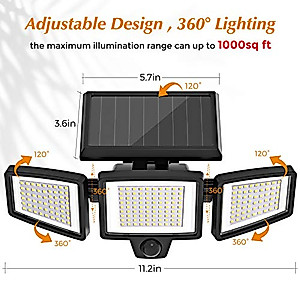 KERNOWO Solar Lights Outdoor, 2500LM Solar Flood 210 LED Security Lights with 25FT Motion Sensor IP65 Waterproof 3 Heads Spot Flood Wall Lights for Porch Garage Yard Entryways Patio (Black, 1Pcs)