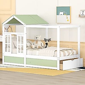 Merax Kid Wood House Bed with Roof, Window and Drawer, Wood Platform Bed for Boys Girls,No Box Spring Needed,Easy Assemble (Twin,Green)