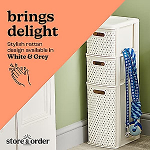 Store & Order Slimline 3 Drawer Tower - Slim & Narrow Plastic Drawers, Perfect Storage Unit for Bathroom, Hallway, Office, Wardrobe or Utility Room, White Rattan Design