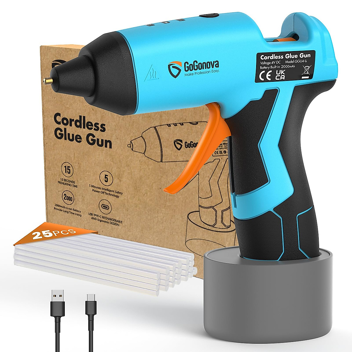 Cordless Hot Glue Gun, GoGonova 15s Fast Preheating Glue Gun, 5Ah Built-in Battery Hot Melt Glue Gun, Smart Power-Off, Kit with 25 Pcs Premium Mini Glue Sticks and USB-C Charging Port