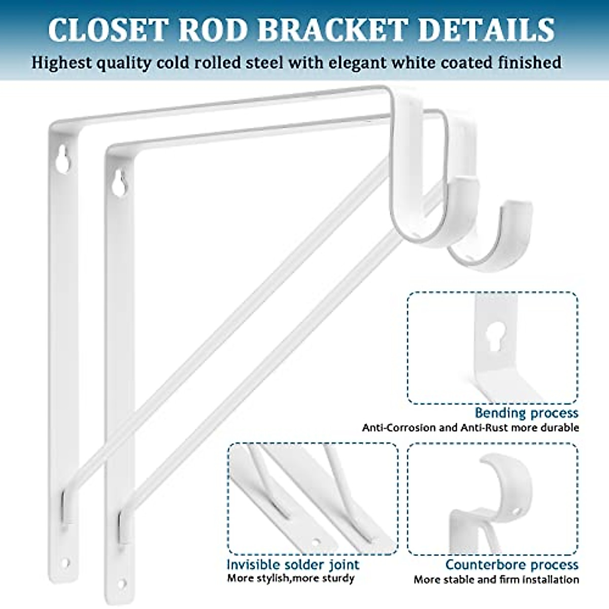 AYAYGD 4PCS Heavy Duty White Closet Rod Brackets 11 x 11 Inch,1-3/8Inch Diameter Shelf and Rod Bracket Holder for Home and Closet Decor, Wall Mount Closet Pole Supports Bracket Hook with Screws