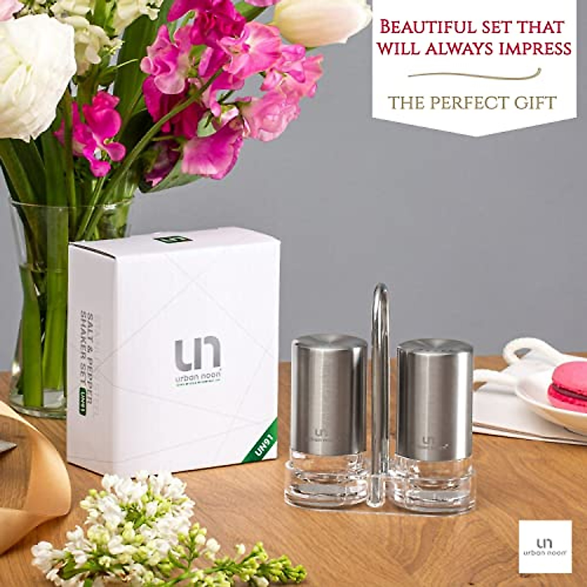 Salt and Pepper Shakers with Holder - Elegant Stainless Steel Shaker Set by urban noon