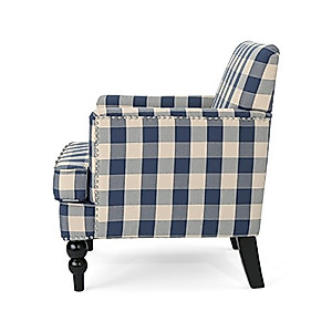 Christopher Knight Home Evete Tufted Fabric Club Chair, Blue Checkerboard, Dark Brown, 32D x 28.75W x 34.5H in
