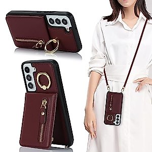 Jaorty Samsung Galaxy S21 5G Phone Case for Women with Card Holder,Crossbody Phone Case for Samsung Galaxy S21 with Strap Lanyard,Credit Card Slots Kickstand Case with Ring Holder,Burgundy