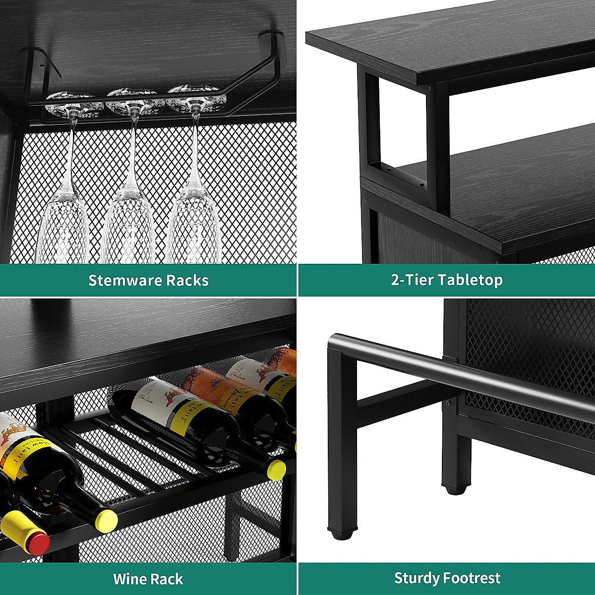 YITAHOME L Shaped Mini Home Bar Unit for Living Room with Music Sensing LED Light, Tall Bars Furniture Table with Wine Rack Alcohol Storage Glasses Hanger Footrest for Kitchen Pub, Black