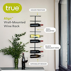 True Align Wall-Mounted Wine Rack, Black Wrought Iron, Minimalist Modern Wine Display, Alcohol Storage Solution, Holds Nine Standard Wine Bottles, 37.75" x 9.75"