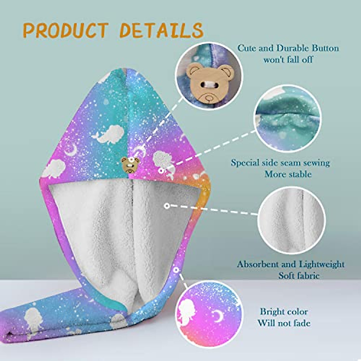 2 Pack Hair Towel Wraps for Kids Girls, Microfiber Hair Towel Mermaid Rapid Drying Towel with Button for Hair Turbans for Wet Hair Head Towels Wrap Twisty Anti Frizz Towel for Kids Women Girls