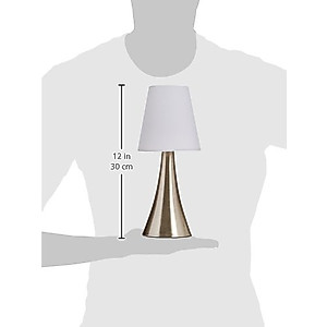 Simple Designs LT2014-WHT-2PK 12" Valencia 2 Pack Contemporary 4 Settings Touch Metal Mini Tapered Table Lamp Set with Fabric Shades for Home Décor, Nightstand, End Table, Bedroom, Living Room, Office, Foyer, Brushed Nickel and White
