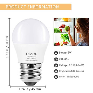 RIMOL Refrigerator Light Bulb, 40W Equivalent 120V A15 LED Fridge Bulbs 5 Watt Daylight White 5000K E26 Medium Base, Energy Saving Freezer Ceiling Home Lighting, Not-Dim, Waterproof, 2 Pack