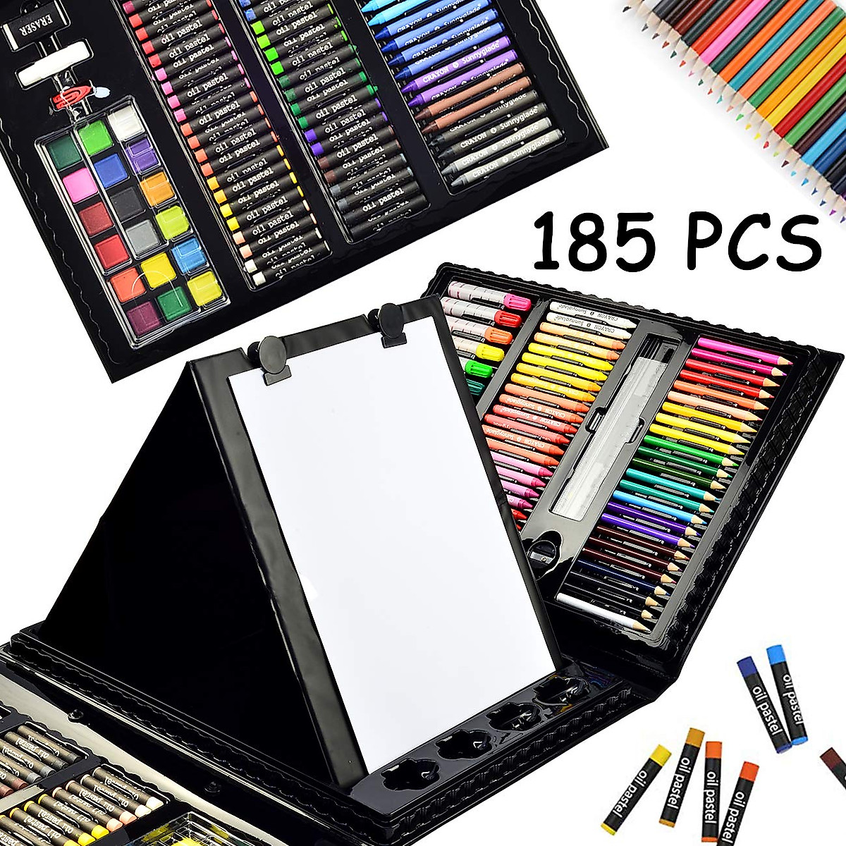 Sunnyglade 185 Pieces Double Sided Trifold Easel Art Set, Drawing Art Box with Oil Pastels, Crayons, Colored Pencils, Markers, Paint Brush, Watercolor Cakes, Sketch Pad