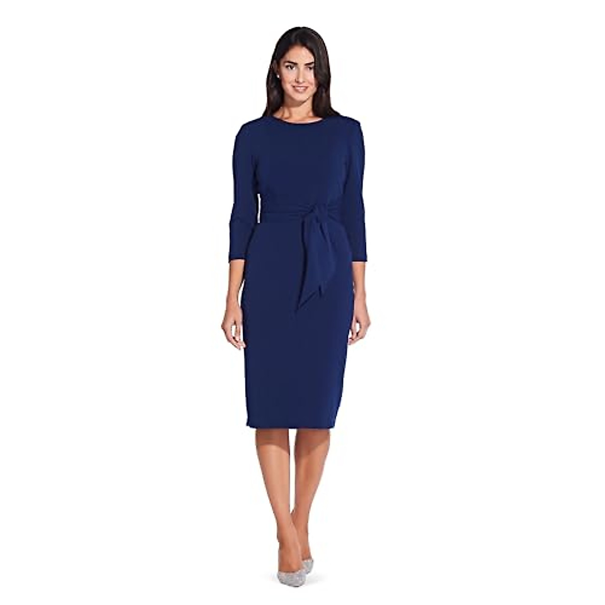 Adrianna Papell Womens Knit Crepe Tie Waist Sheath Dress, Navy Sateen, 10 US