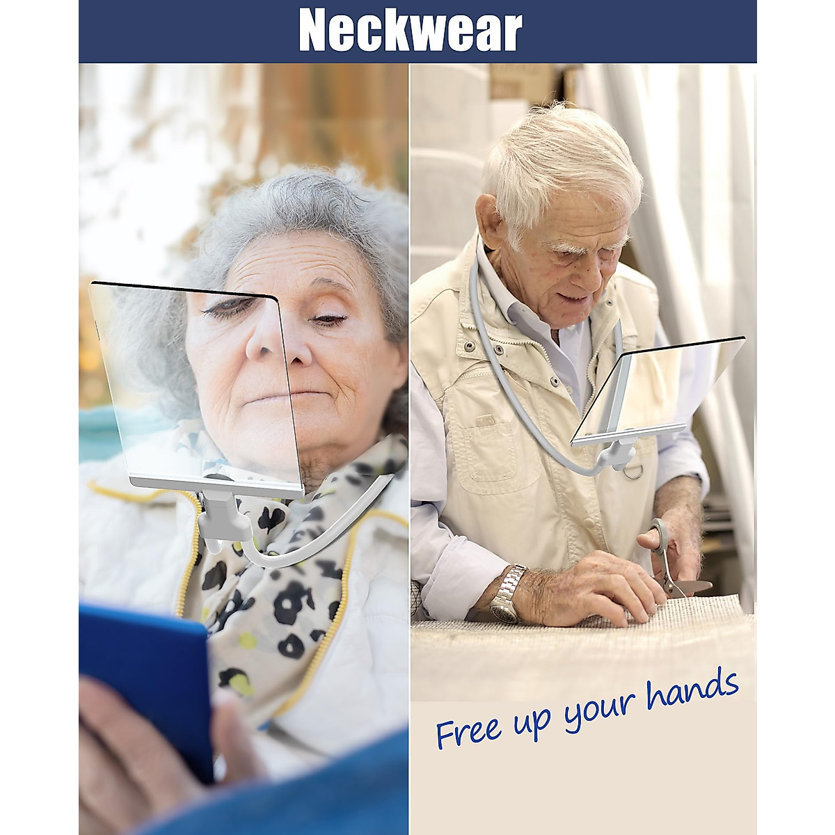 Magnifier for Reading 2x-3x Hands Free Magnifying Glass Neckwear Rectangular Full Page View, for Seniors, Men and Women, Magnifying Lens for Sewing, Cross Stitch, Needlepoint, Jewelry, Coins(White)