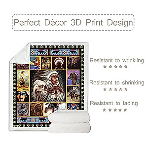 Sleepwish Native American Throw Blanket, Indian Chiefs Wolf Eagle Ultra Soft Cozy Blanket Sherpa Fleece Blanket Travel Couch Bed Plush Blanket, Throw(50"x60")