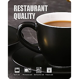 Lareina Espresso Cups with Saucers, Spoons and Metal holder, 3 oz Porcelain Demitasse Cups Set of 6, Small Coffee Cups with Handle for Nespresso Lungo, Espresso, Cortado and Tea, Black