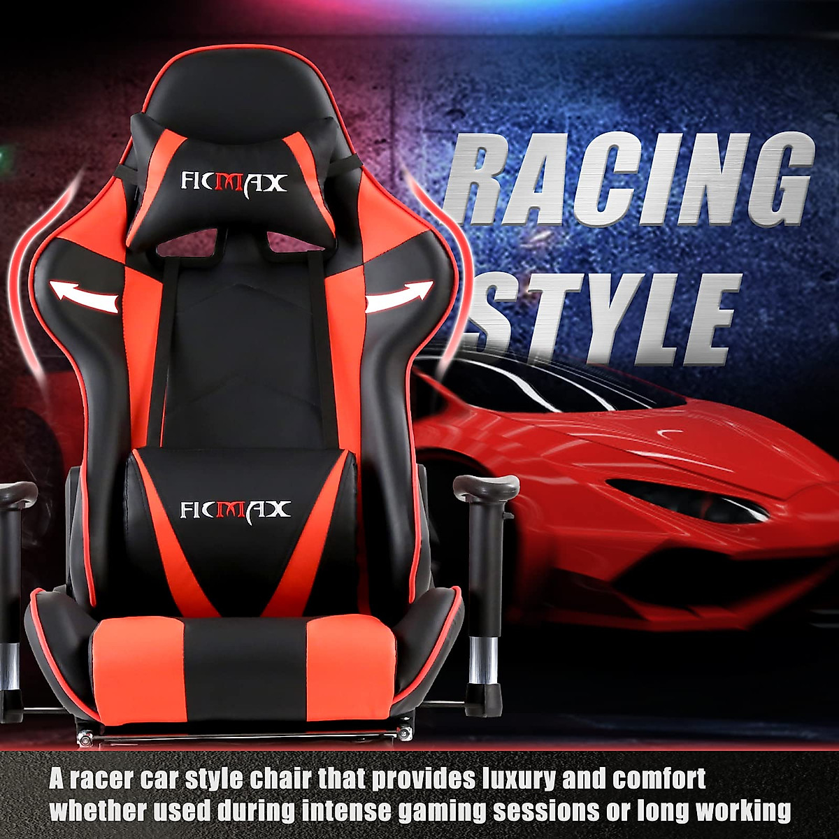 FICMAX Massage Gaming Chair Ergonomic Gamer Chair with Footrest Reclining Computer Gaming Chair Racing Style Home Office Chair High Back Gaming Desk Chair with Headrest and Lumbar Support(Black/Red)