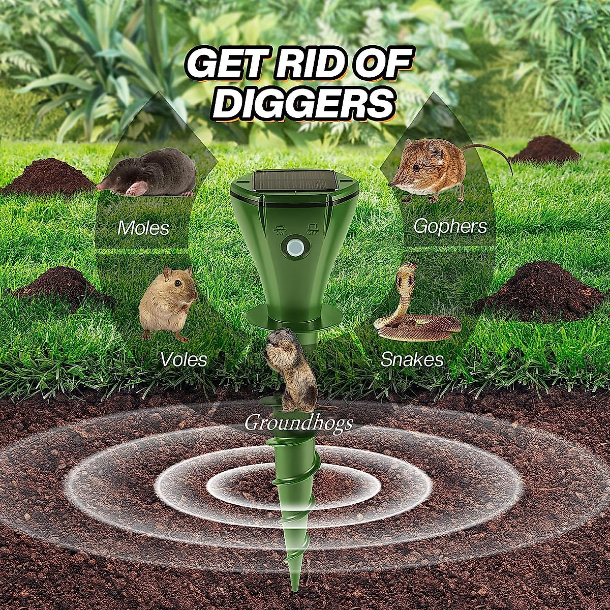 Mole Repellent for Lawns, Sonic Mole Repellent Solar Powered, Gopher Repellent Mole Trap, Screw Snake Groundhog Vole Trap Outdoor with 3 Vibration Modes Anti-Adapt, Quiet, 4pcs