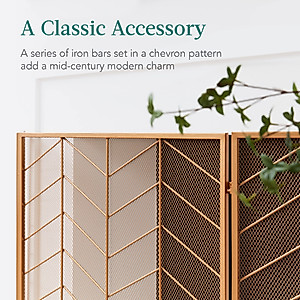 Best Choice Products 52x31in 3 Panel Chevron Fireplace Screen, Mid Century Modern Wrought Iron Hand Crafted Fire Place Guard for Living Room Home Decor, Steel Mesh - Gold