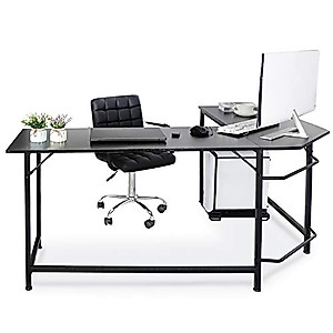 LEMY 66 Inch x 47 Inch Large L-Shape Corner Table Computer Workstation Bevel Edge Angle Design PC Laptop Table w/CPU Stand for Home Office - Black